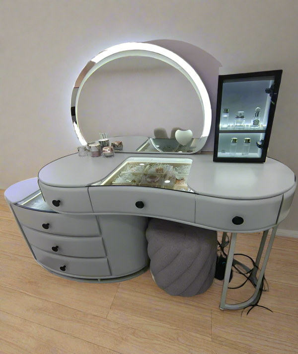 Eterna Vanity Desk with LED Mirror & Glass Display – Shangri-La Decors