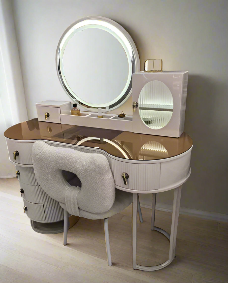 Premium Modern Vanity Desk with LED Mirror & Designer Chair – Shangri ...
