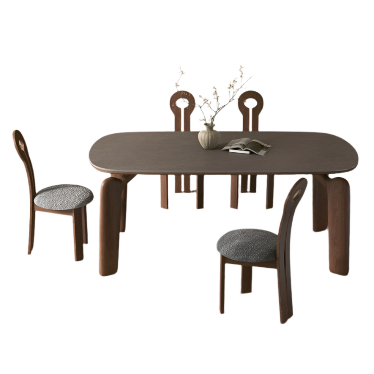 Sculptural Walnut Rectangle Dining Table Set with Keyhole Back Chairs ...